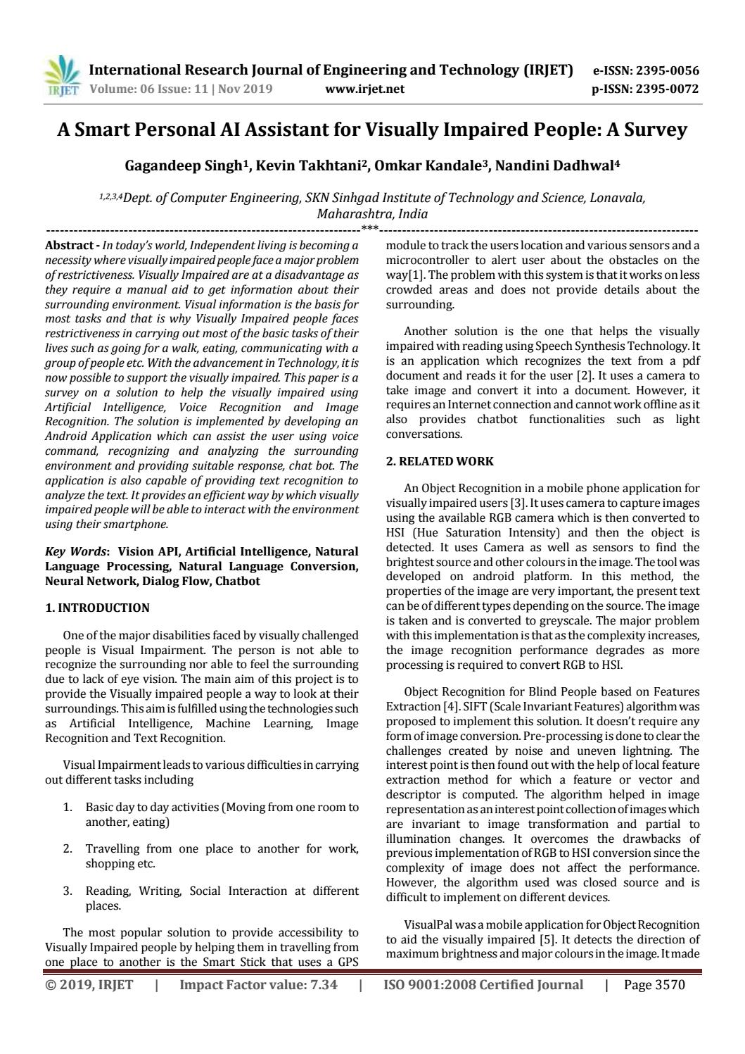 IRJET- A Smart Personal AI Assistant for Visually Impaired People: A Survey by IRJET Journal - Issuu