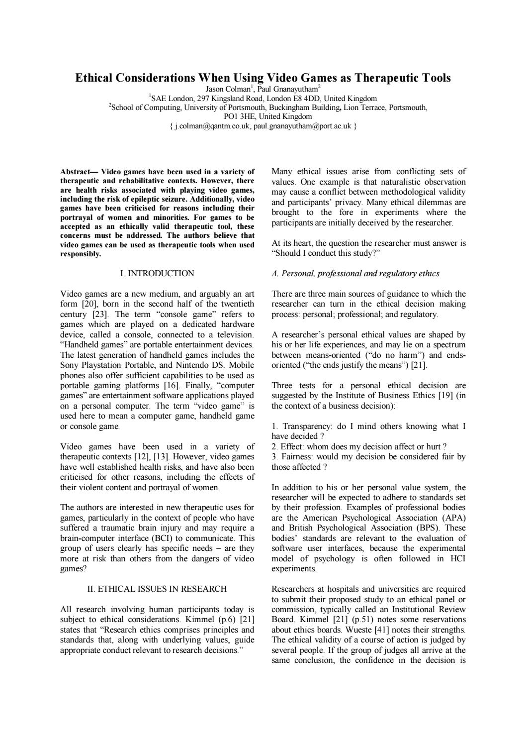 Ethical Considerations When Using Videogames As Therapeutic Tools By 