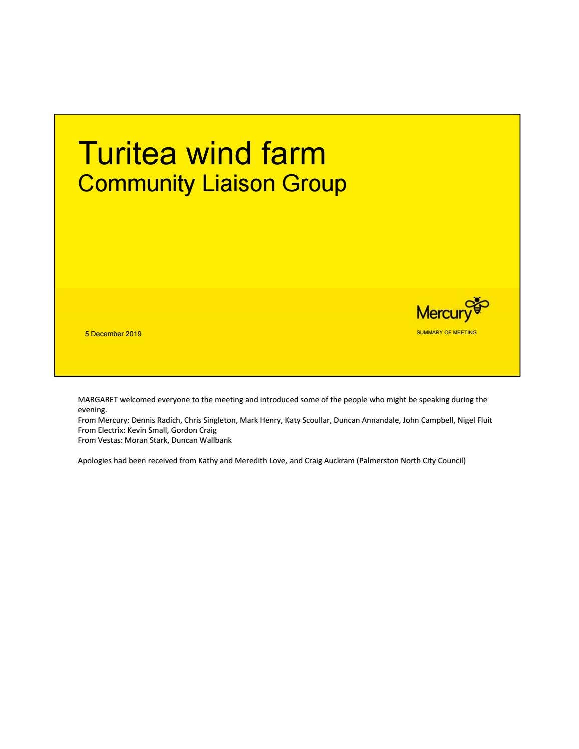 Turitea Wind Farm CLG summary of meeting by Mercury - Issuu