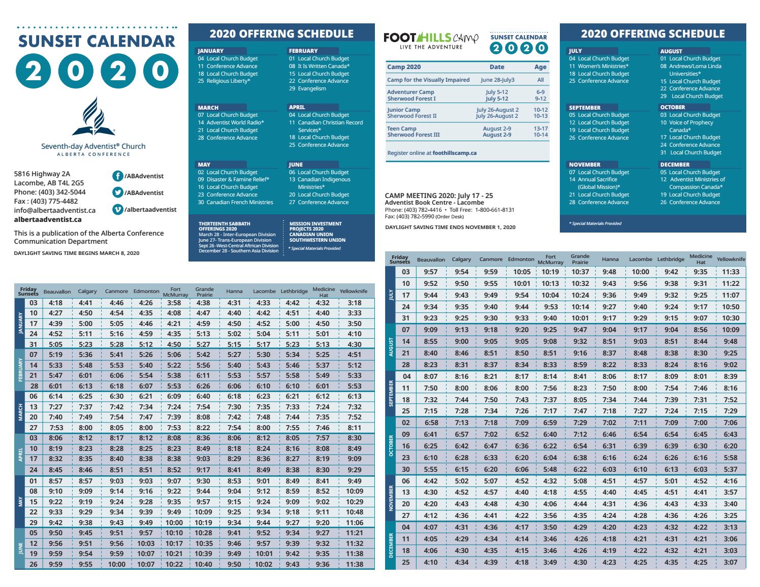 Alberta Adventist Sunset & Offering Calendar 2020 by Alberta Adventist ...