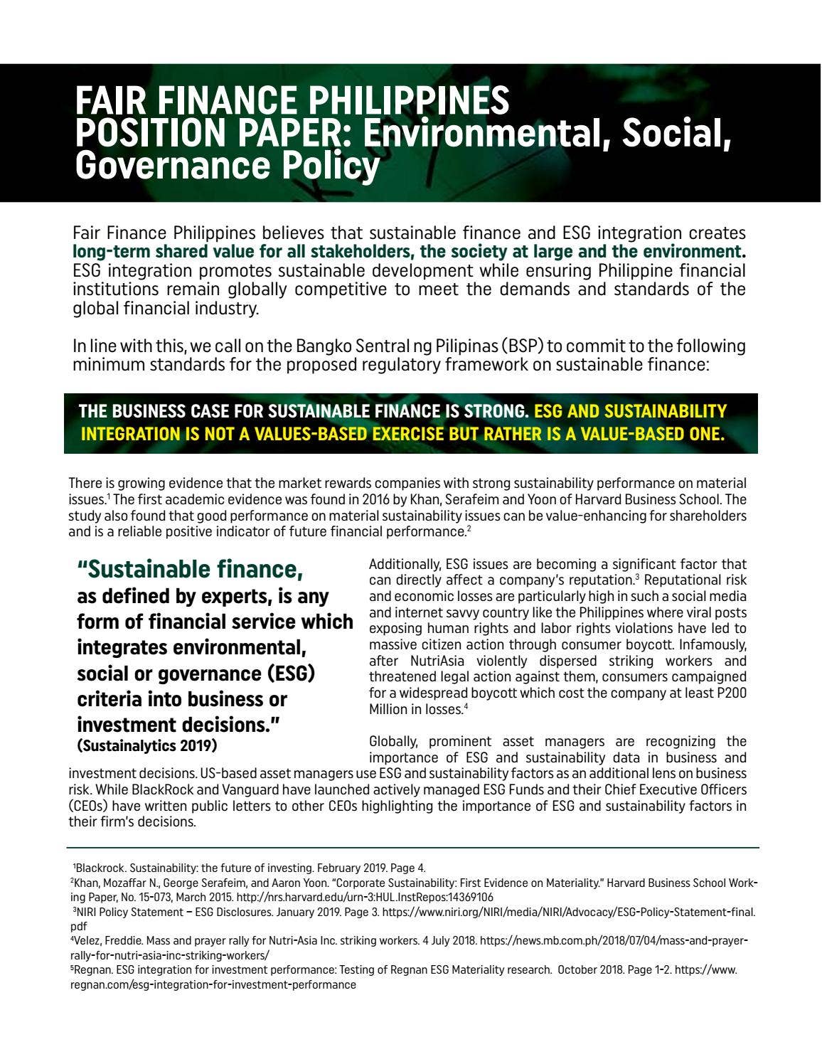 FFA Position paper: Environmental, Social, Governance Policy by IDEALS ...