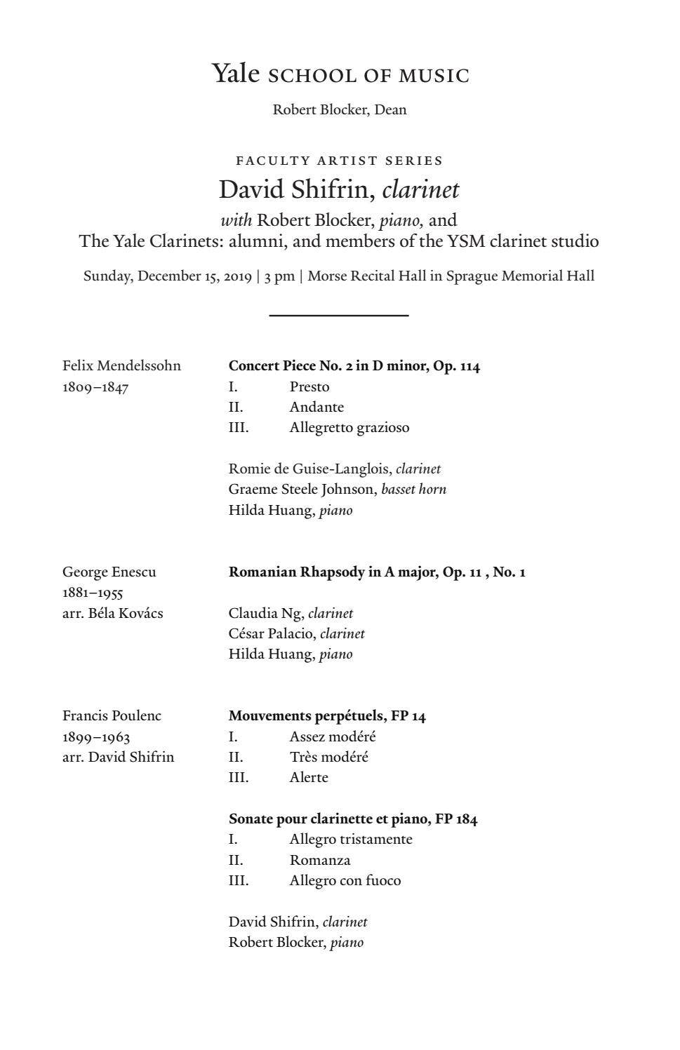 David Shifrin & Friends, December 15, 2019 by Yale School of Music - Issuu