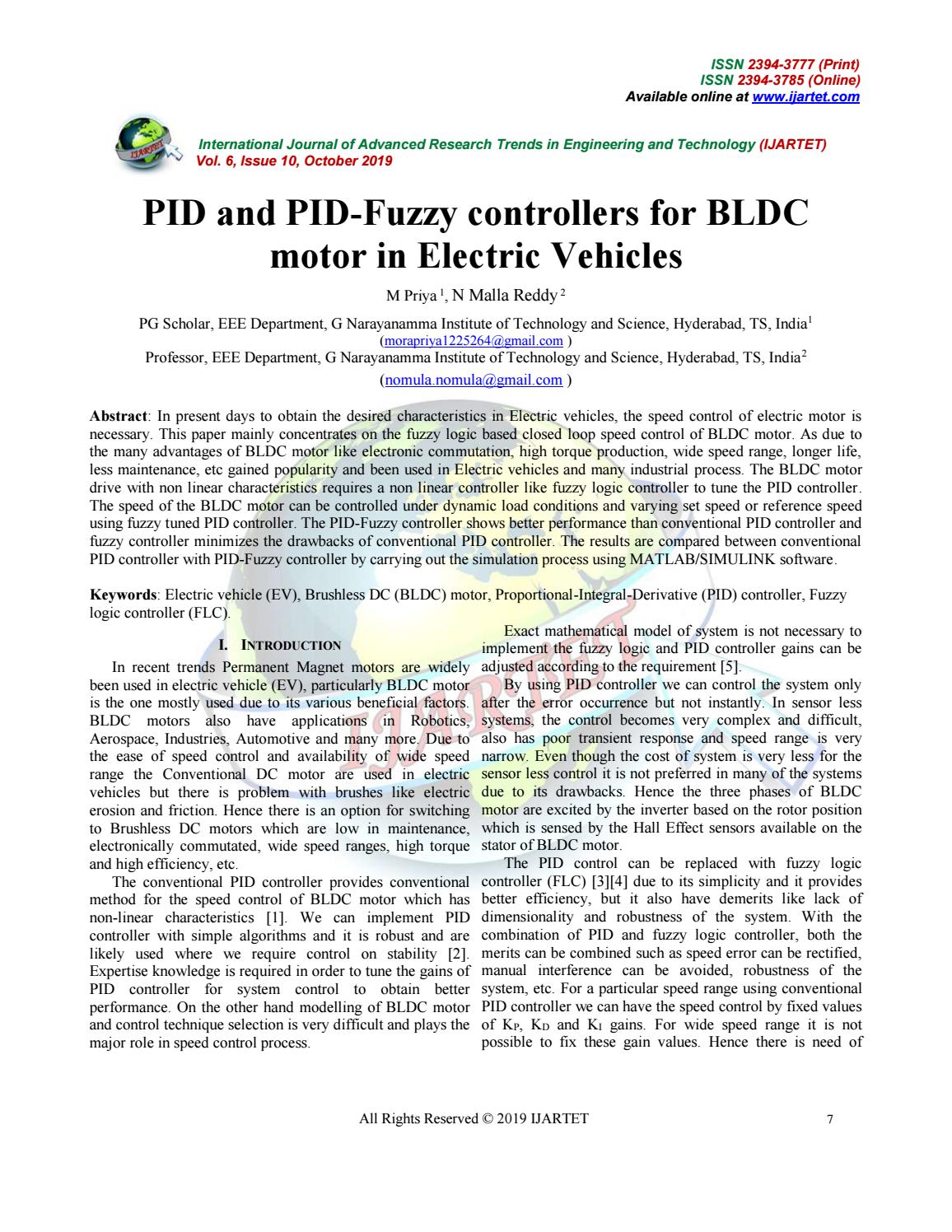 Pid And Pid Fuzzy Controllers For Bldc Motor In Electric Vehicles By Ijartet Issuu 