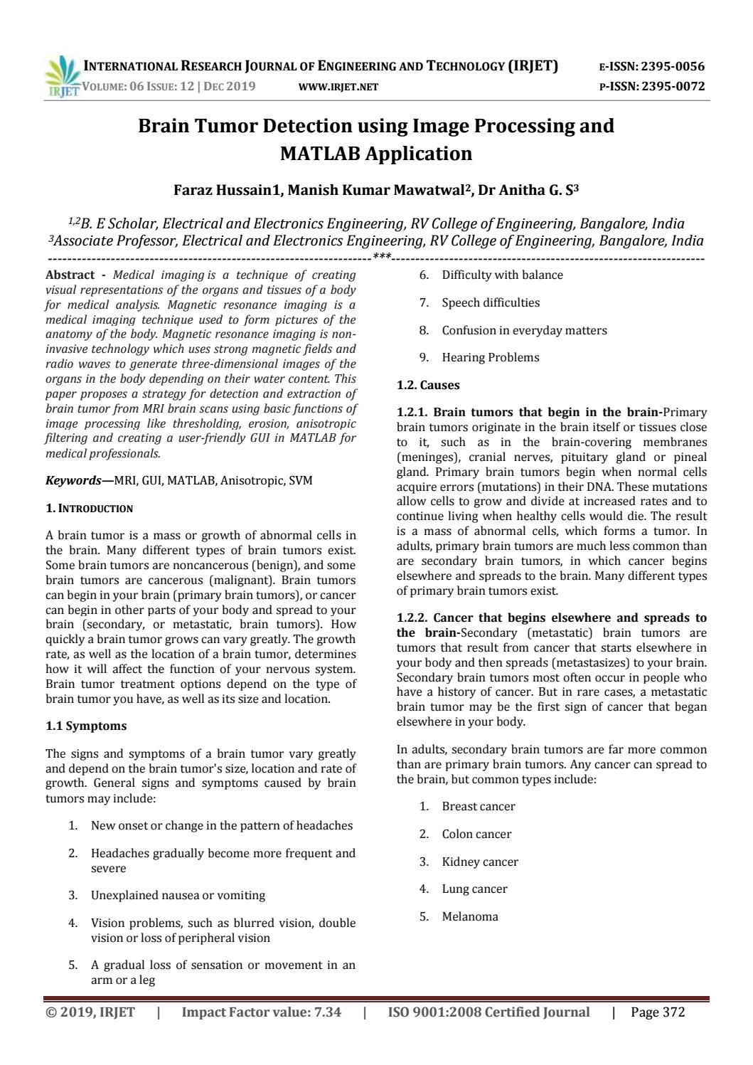 IRJET- Brain Tumor Detection using Image Processing and MATLAB ...