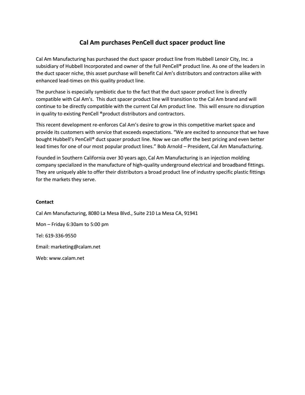 Cal Am purchases PenCell duct spacer product line by kanew396 - Issuu