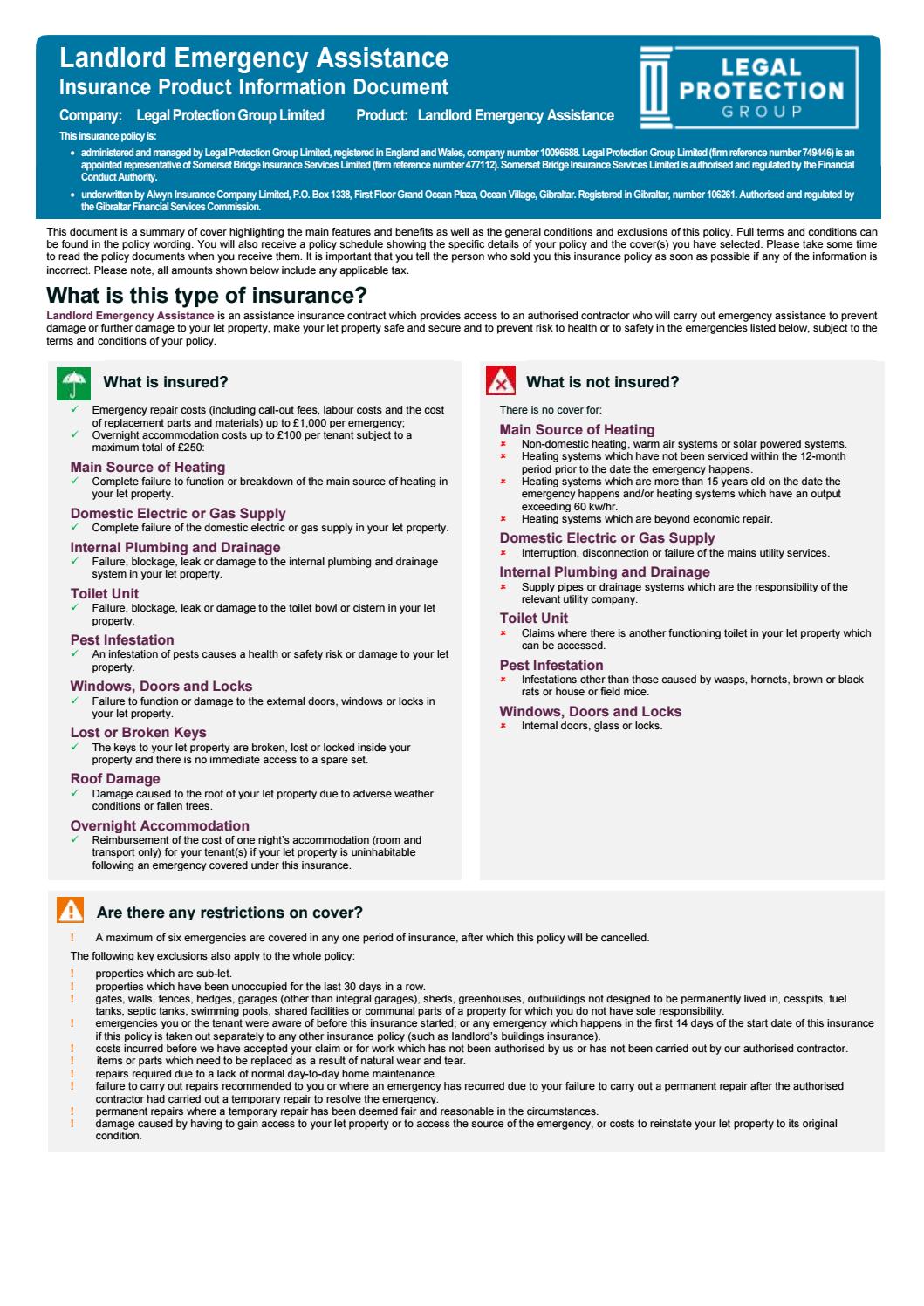 Landlord Emergency Assistance Insurance Product Information Document by ...