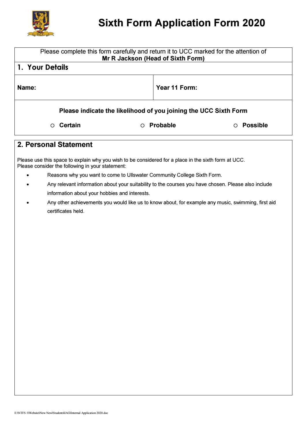 Internal Sixth Form Application Form 2020 by Ullswater Community ...