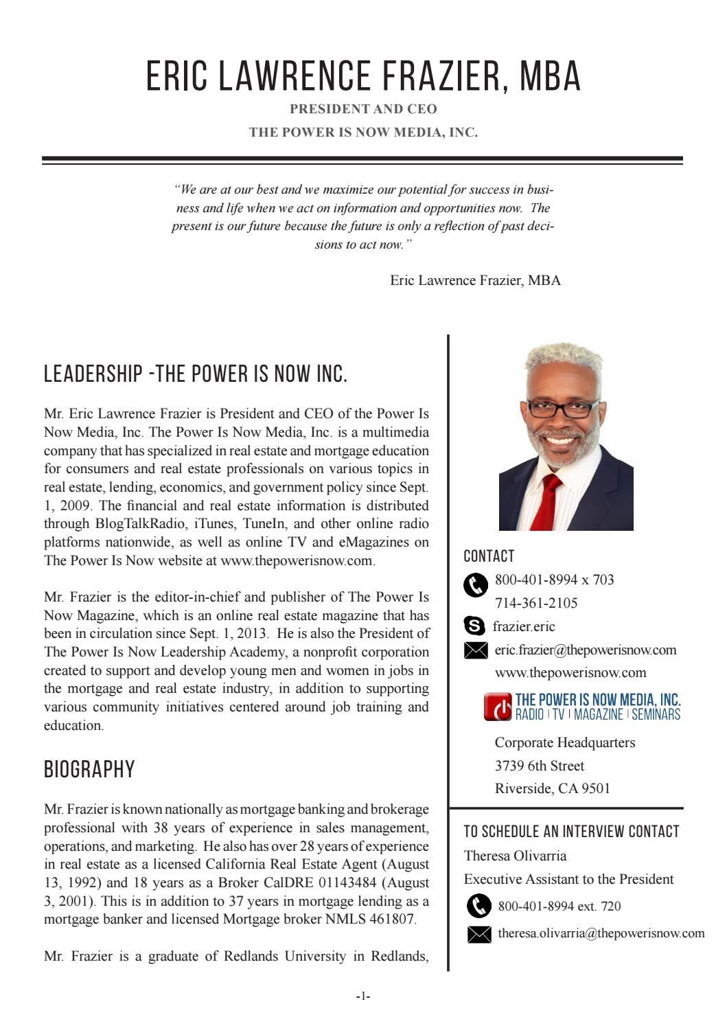 Eric Lawrence Frazier - Bio and Resume by The Power Is Now Media Inc ...