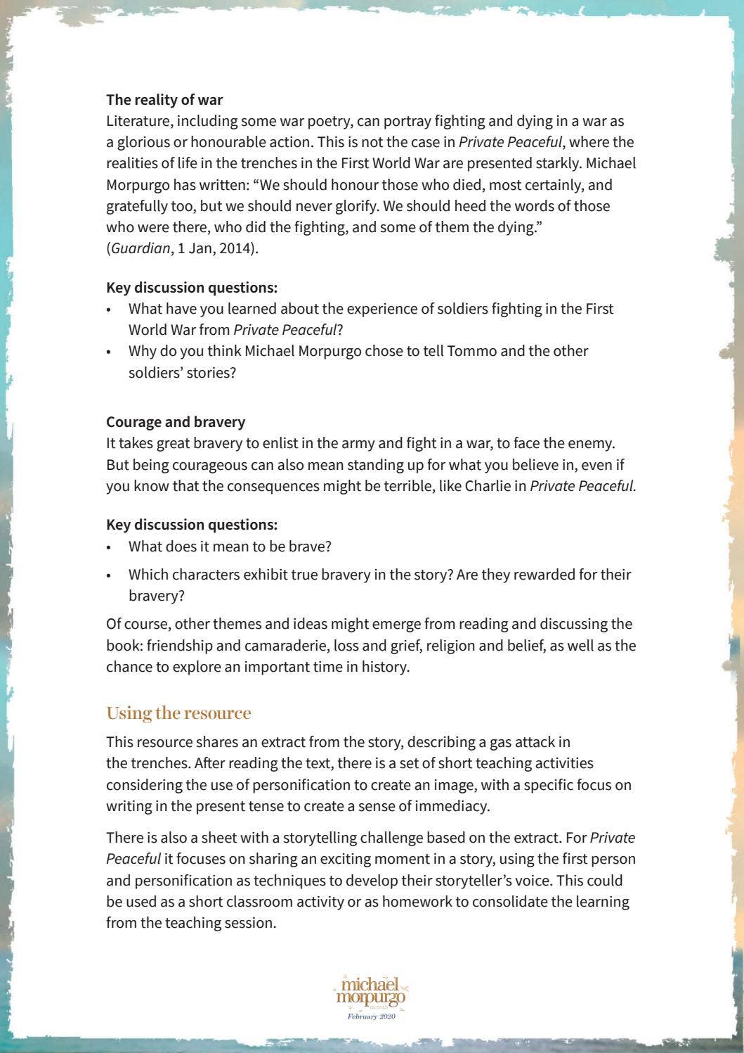 Michael Morpurgo Month 2020: Private Peaceful Cover Sheet by ...