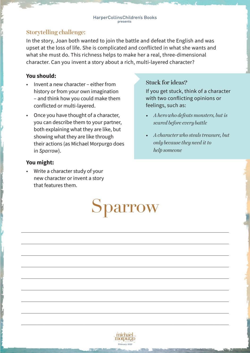 Michael Morpurgo Month 2020: Sparrow Worksheet by ...