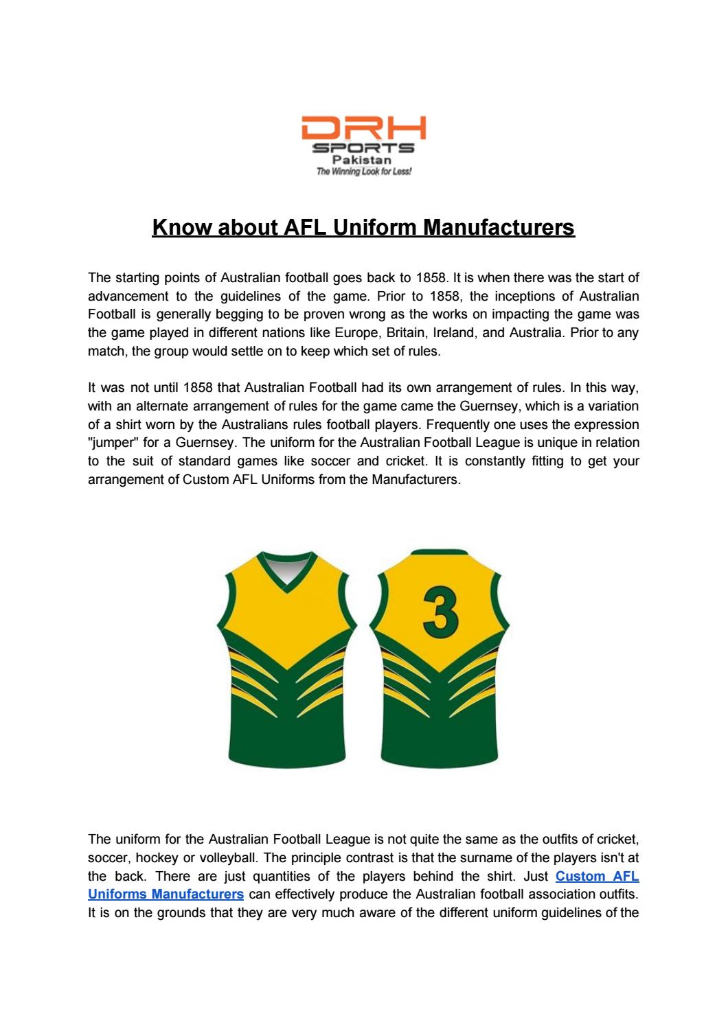 Know About AFL Uniform Manufacturers by DRH Sports - Issuu