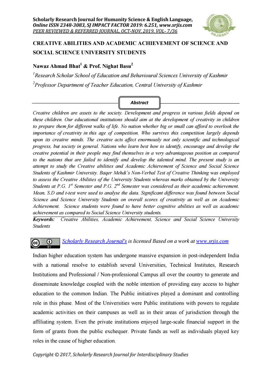 CREATIVE ABILITIES AND ACADEMIC ACHIEVEMENT OF SCIENCE AND SOCIAL ...
