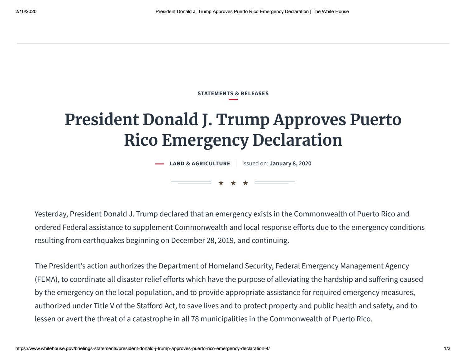 President Donald J. Trump Approves Puerto Rico Emergency Declaration ...