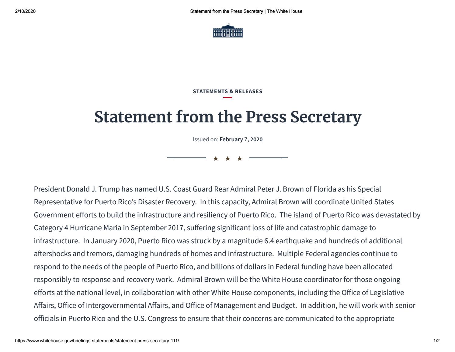 Statement from the Press Secretary - The White House by La Colección ...