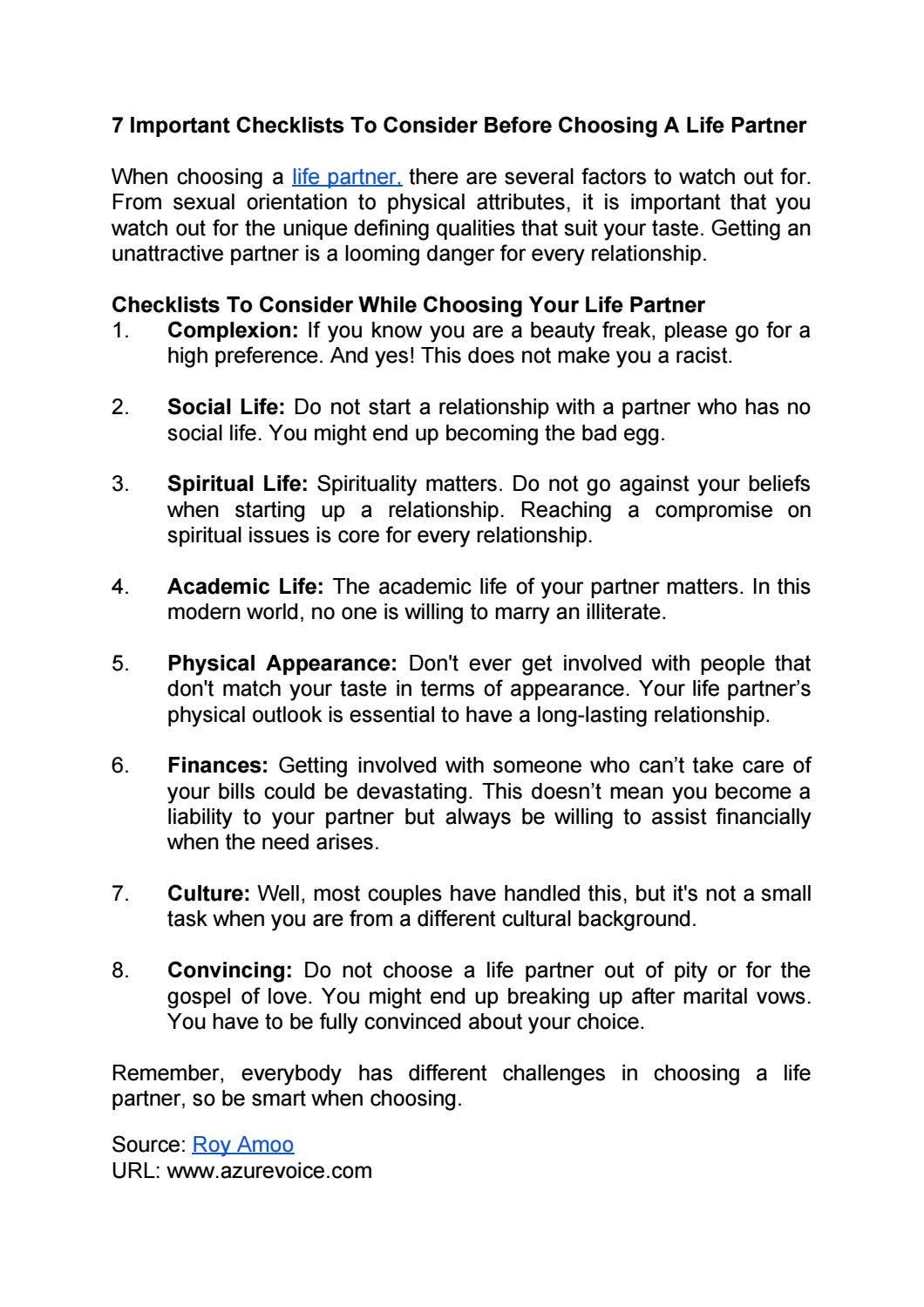 7 Important Checklists To Consider Before Choosing A Life Partner by ...