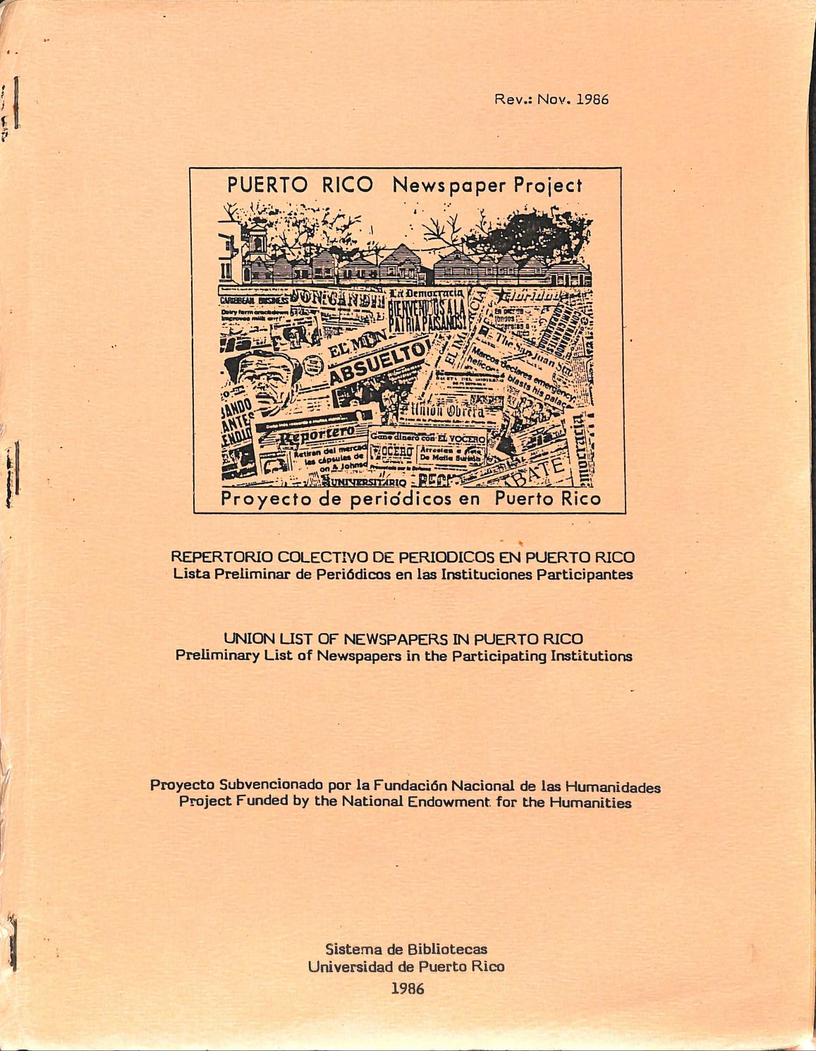 Repertorio Colectivo de Periódicos en Puerto Rico (1986) by La ...