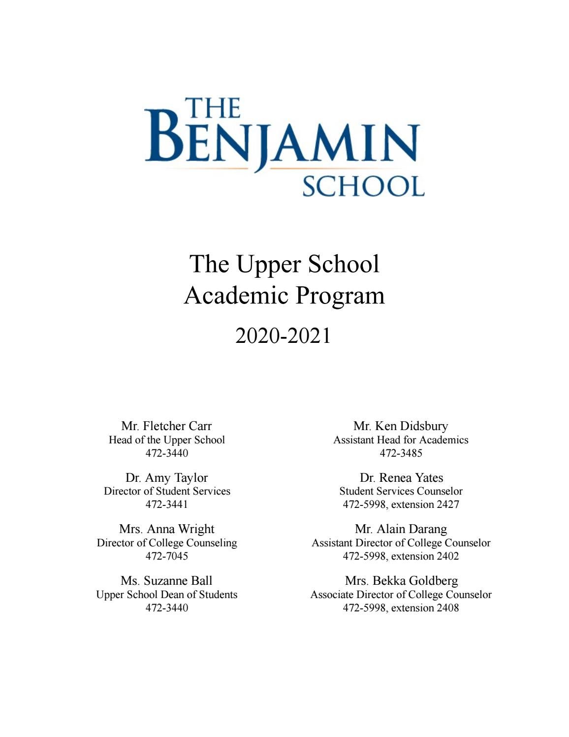 2020-2021 Benjamin Upper School Academic Program by TheBenjaminSchool - Issuu
