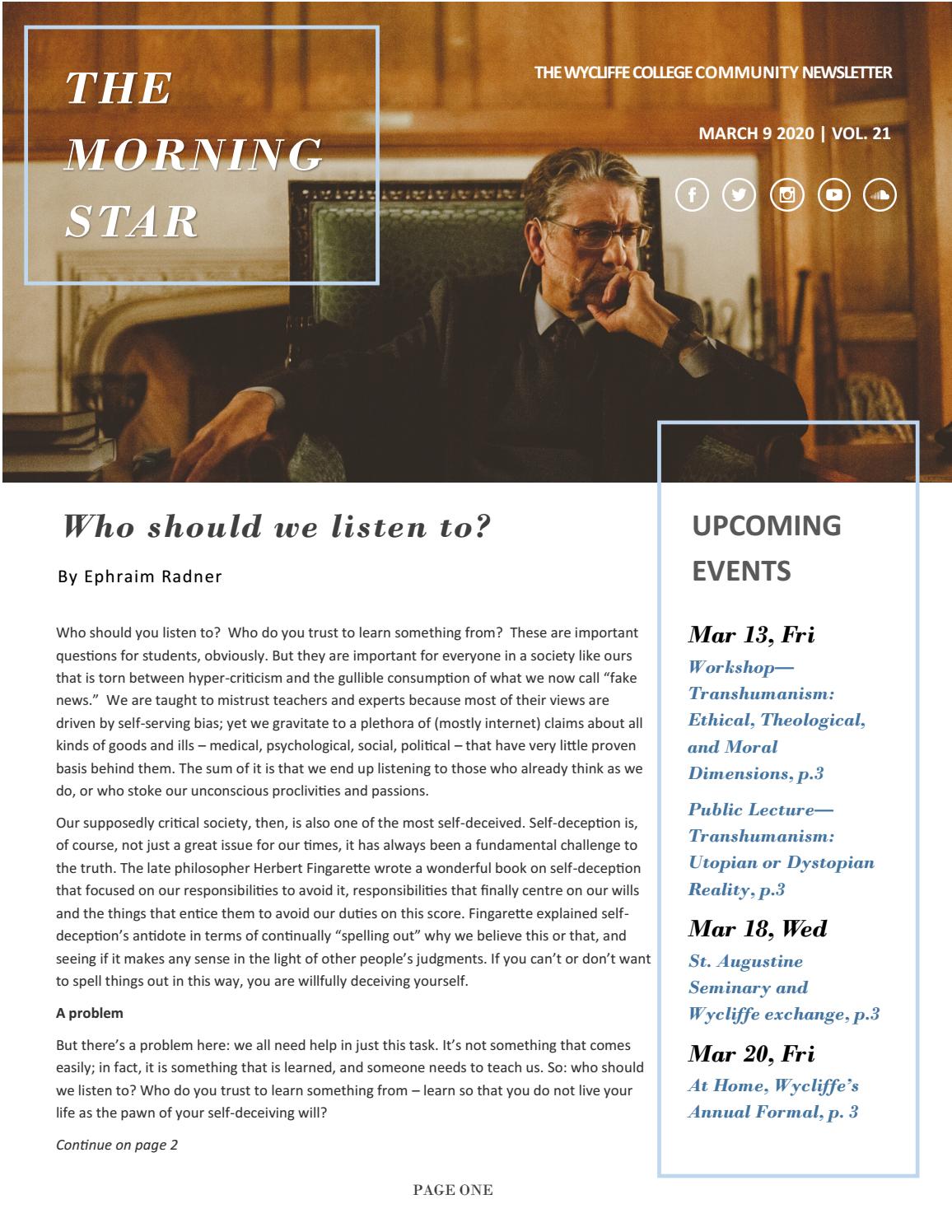 Morning Star Newsletter - Mar 9, 2020, Vol 21 by Wycliffe College - Issuu