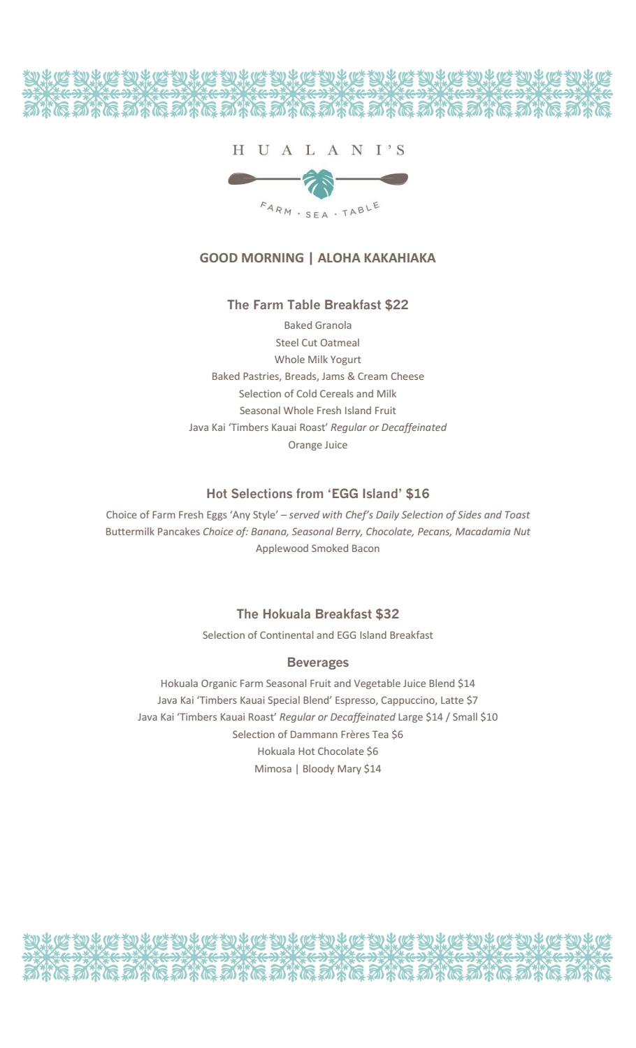 Hualani's Breakfast Menu by Timbers Resorts - Issuu