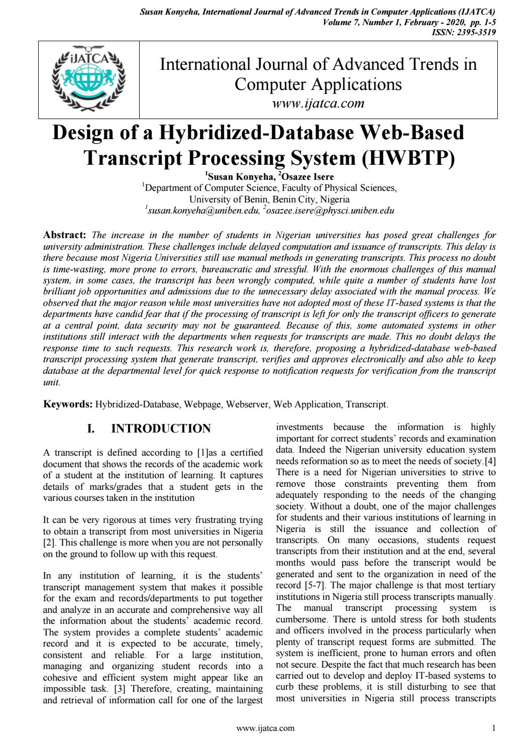 Design of a Hybridized-Database Web-Based Transcript Processing System ...