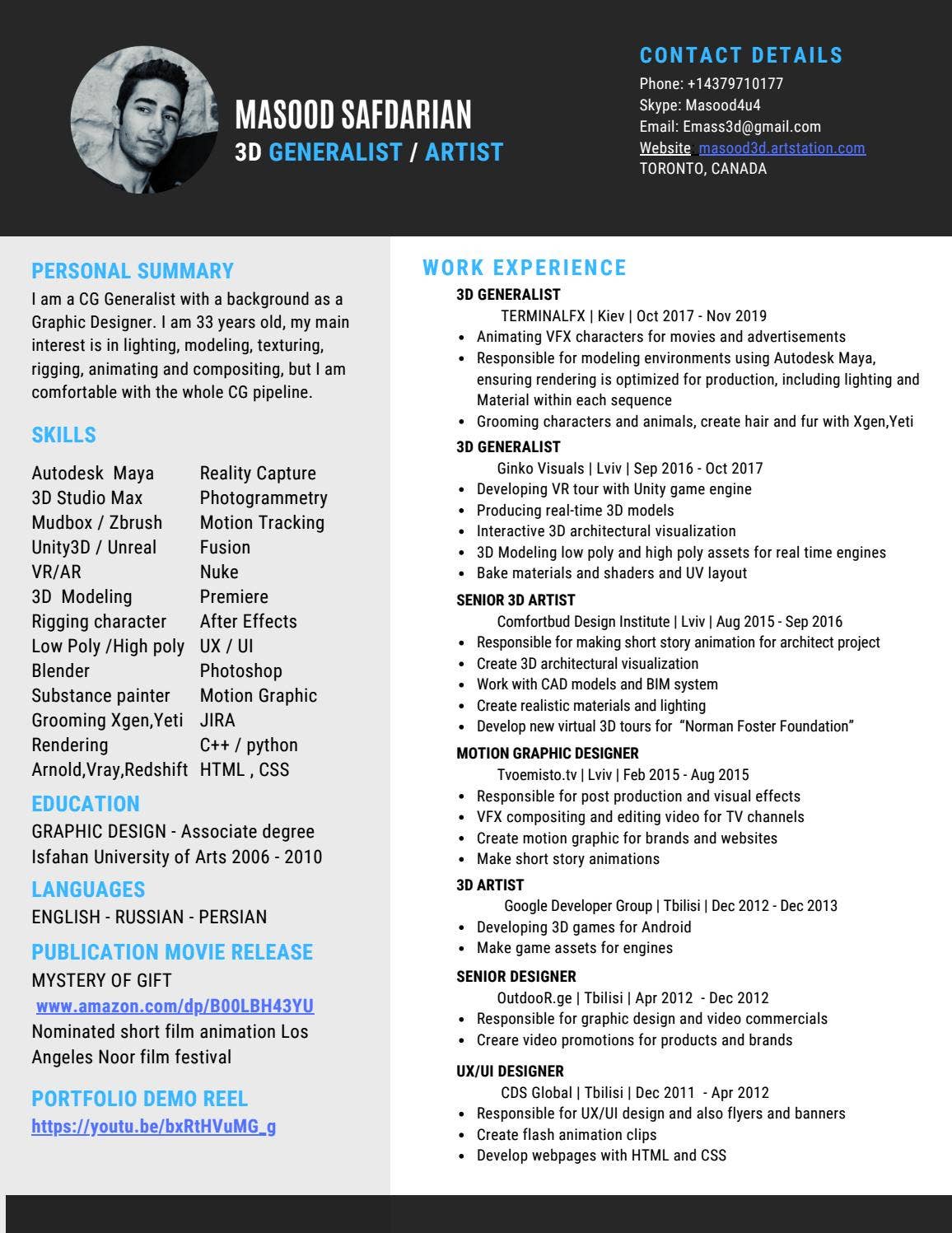 CV_RESUME_SHORT_3D_GENERALIST by Masood Safdarian - Issuu