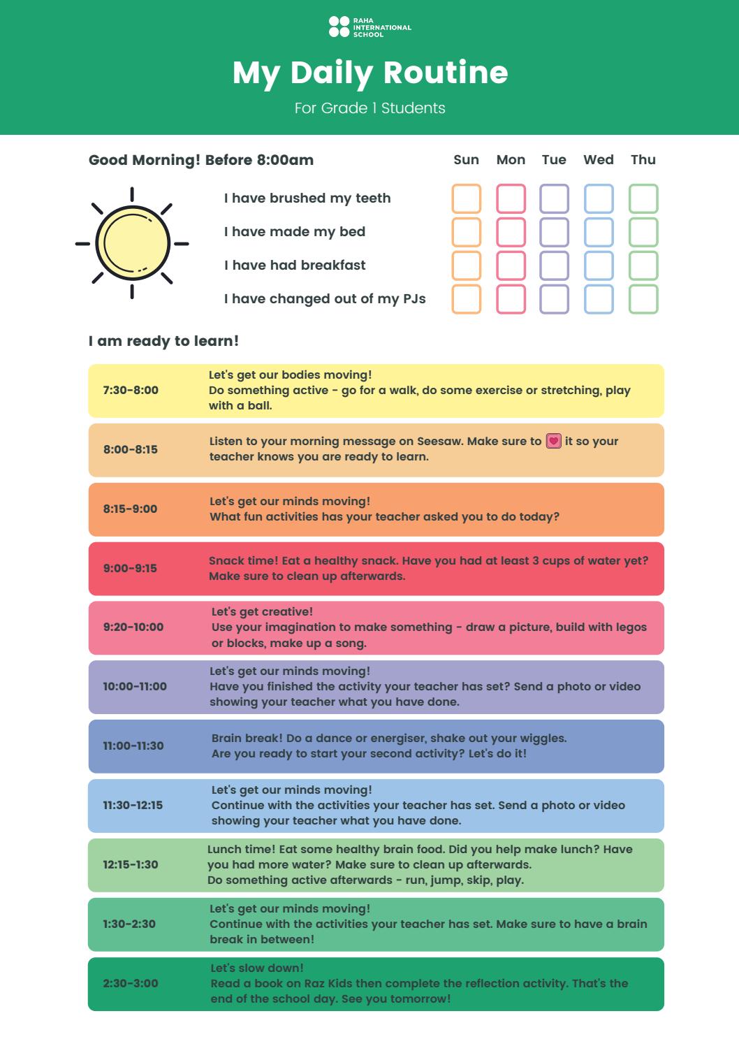 My Daily Routine For Grade 1 Students By Raha International School Issuu