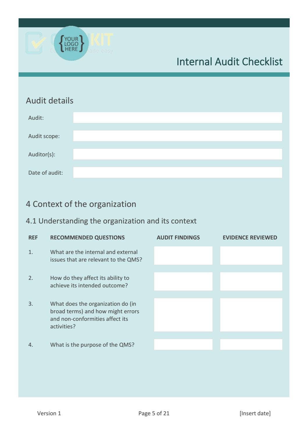 QMS-FORM-09-4 Internal Audit Checklist by CertiKit Limited - Issuu