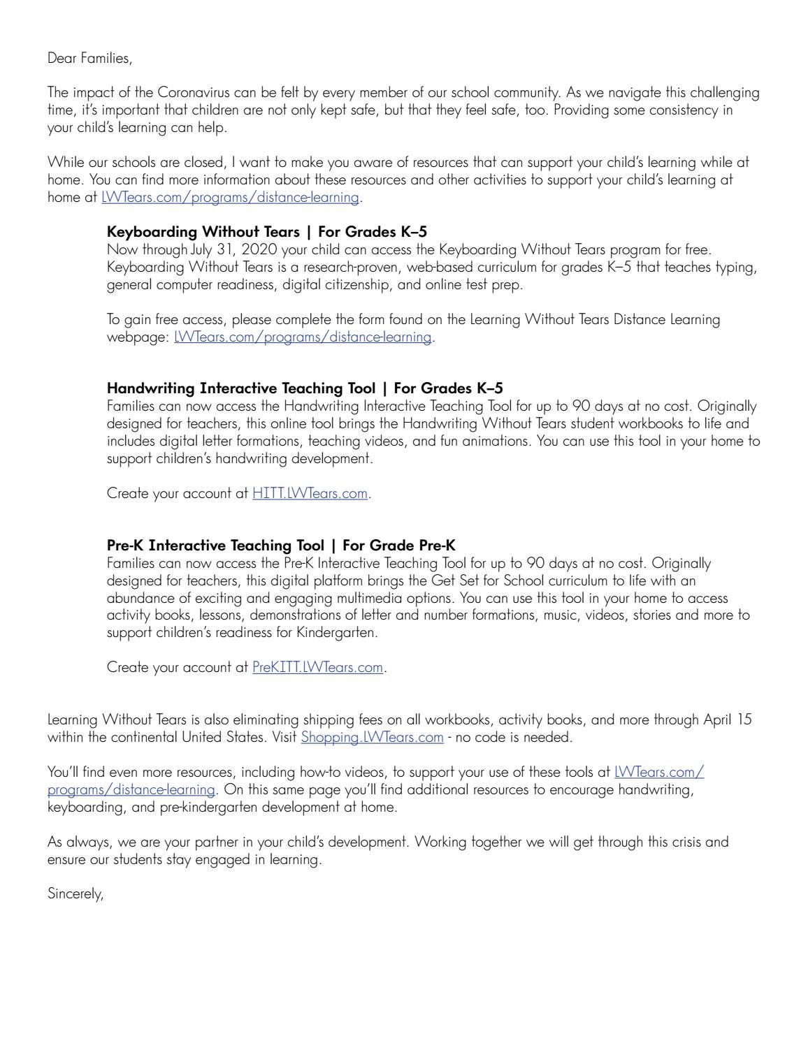 Letter for Families from Learning Without Tears by Learning Without ...