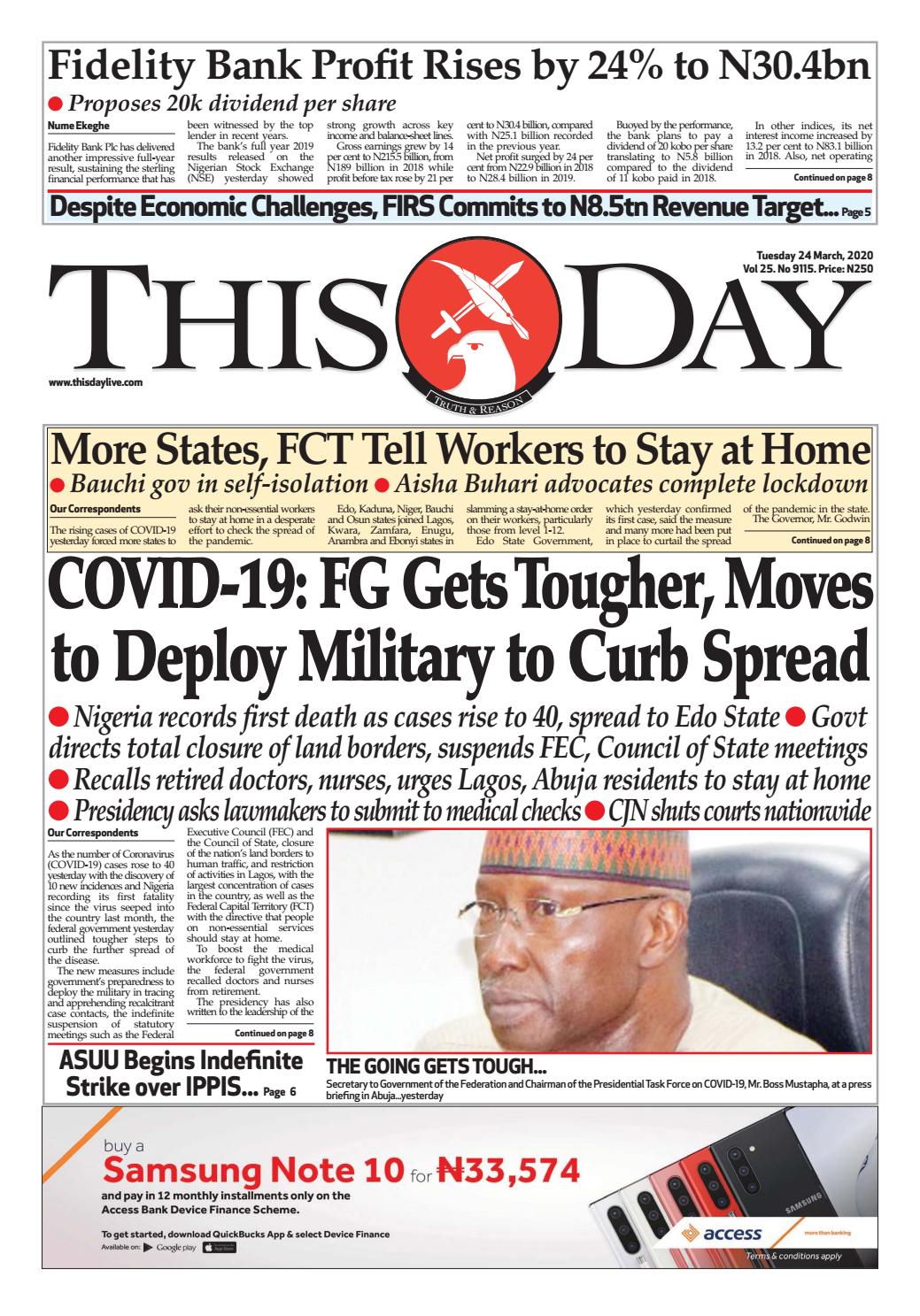 TUESDAY 24TH MARCH 2020 by THISDAY Newspapers Ltd - Issuu