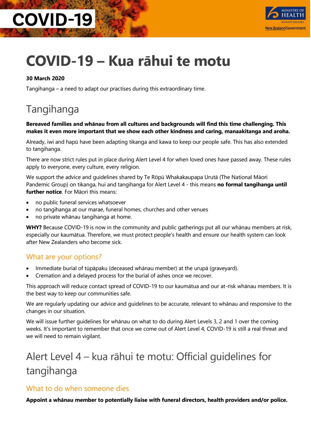 Tangihanga Guidelines during Alert Level 4 - Kua rāhui te motu. by Te ...