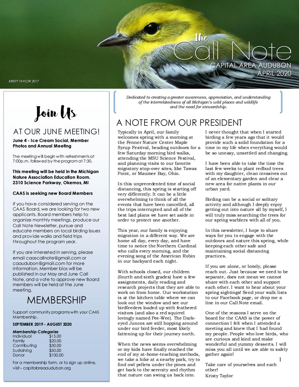 CAAS Call Note - April 2020 by Capital Area Audubon Society - Issuu