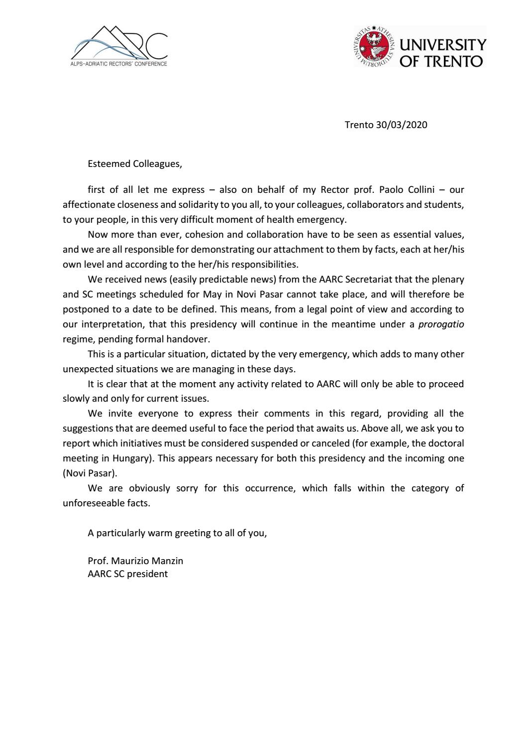 Letter of solidarity - University of Trento by Università degli studi ...