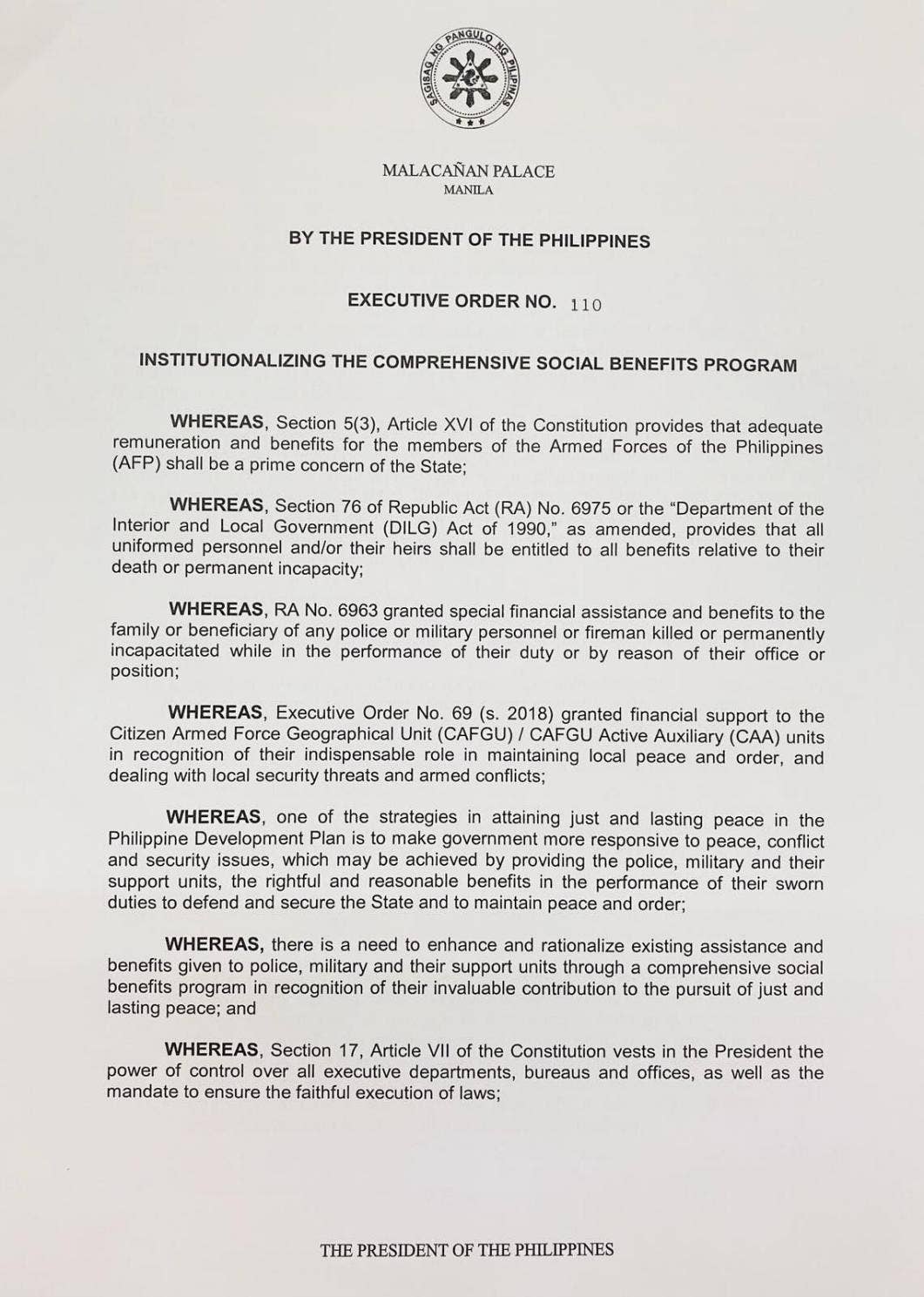 Comprehensive Social Benefits Program - EO 110 by myinquirer dotnet - Issuu