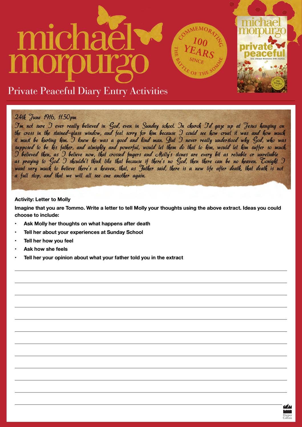 Michael Morpurgo - Private Peaceful Diary Entry Activities by ...