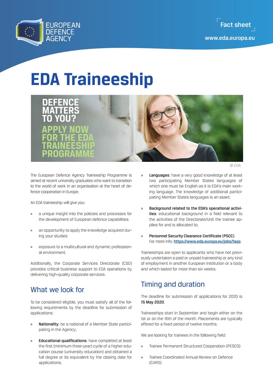 Factsheet: EDA Traineeship by European Defence Agency - Issuu