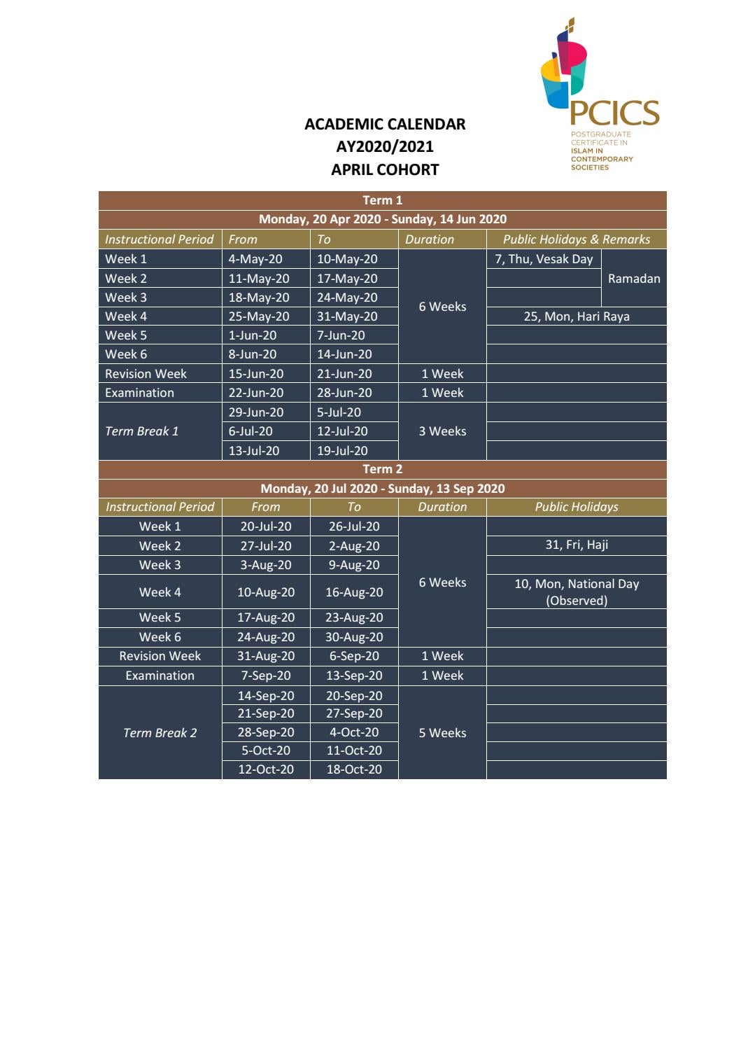 PCICS Academic Calendar by Muis Academy - Issuu