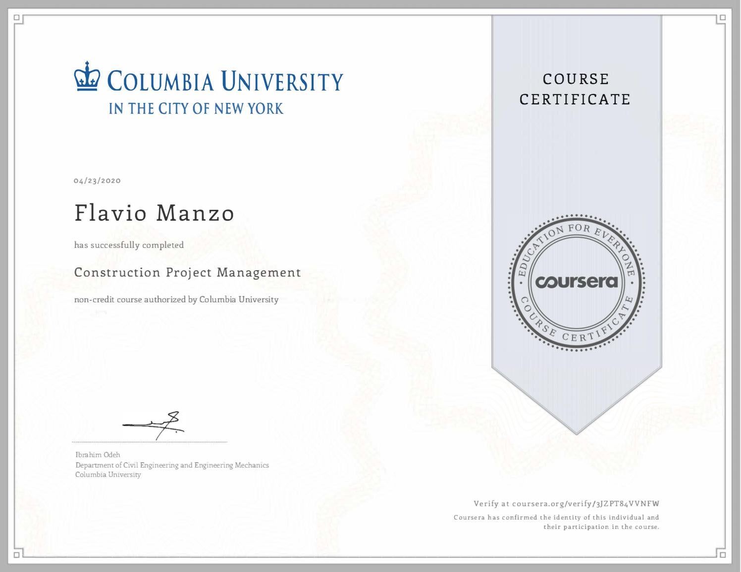 Construction Project Managment Certificate by Flavio Manzo - Issuu