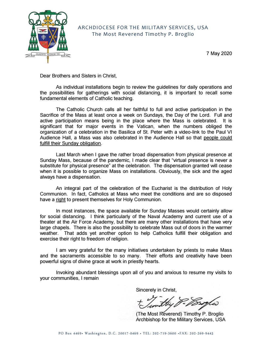 Letter from Archbishop Broglio to the Faithful by Archdiocese for the ...