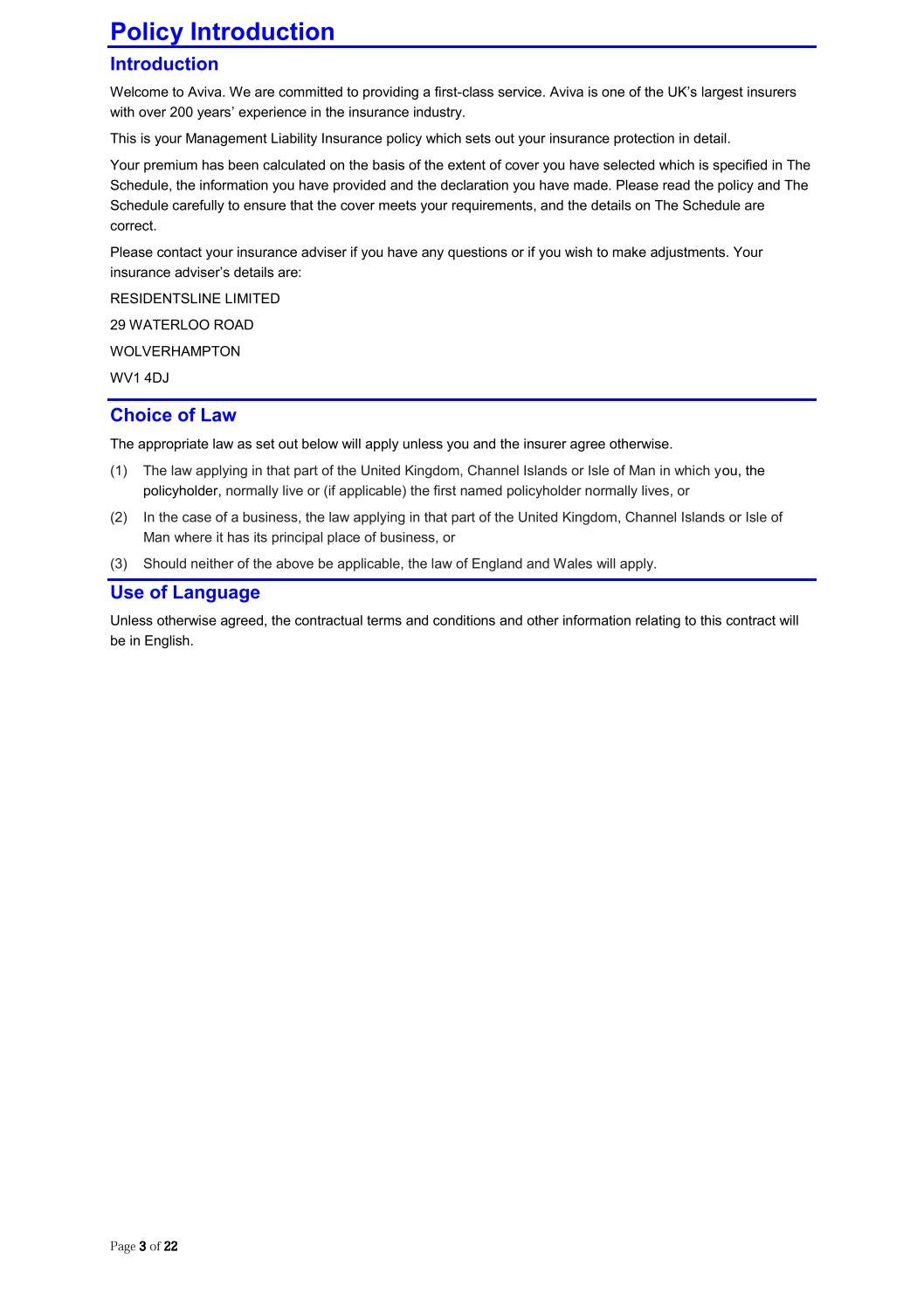 Residentsline Aviva Directors & Officers Liability Insurance Policy ...