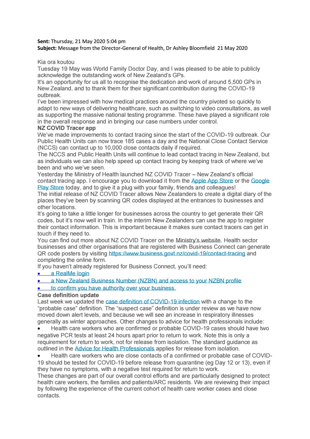 Message from Ashley Bloomfield 22 May 2020 by WBOP PHO - Issuu