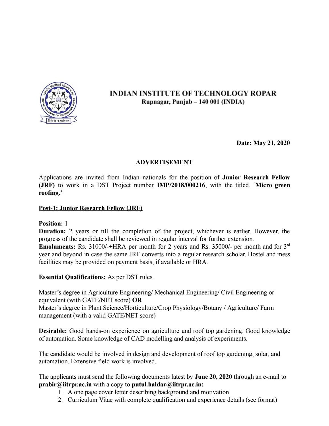 IIT Ropar MSc Plant Sciences Junior Research Fellow Job Opening by ...