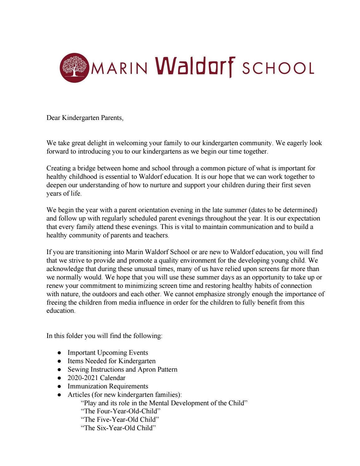 Kindergarten Welcome Packet 2020-2021 by marinwaldorfschool - Issuu