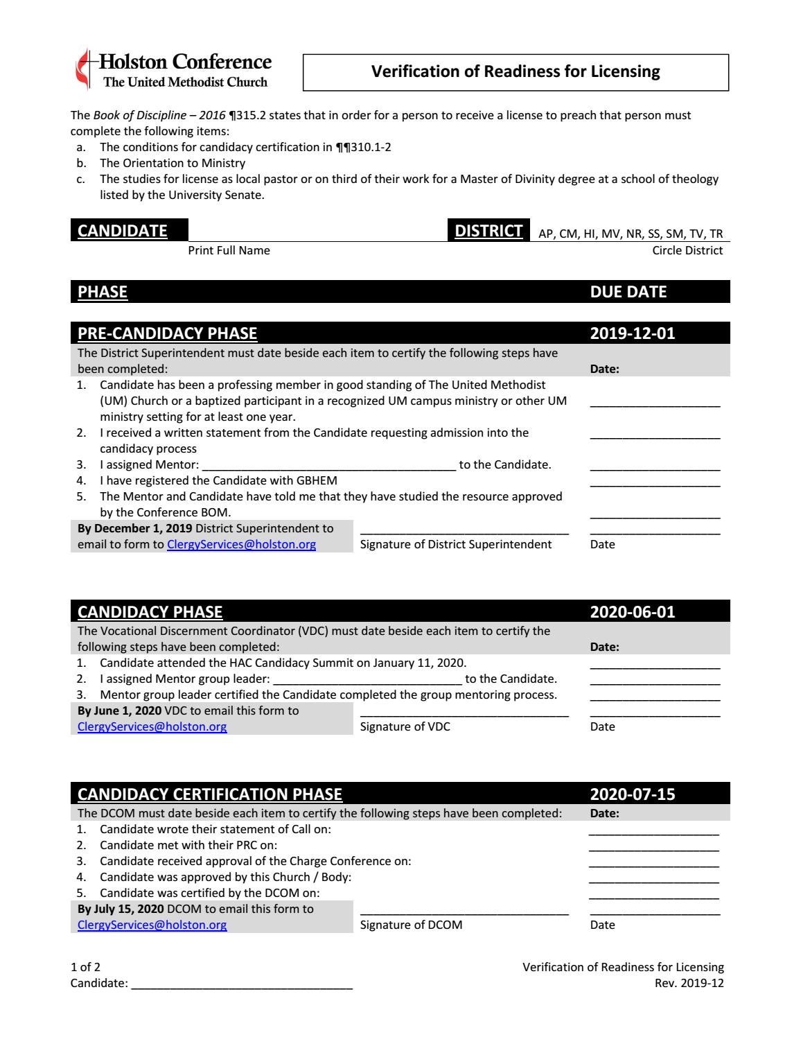 Verification of readiness for licensing by Holston Annual Conference ...