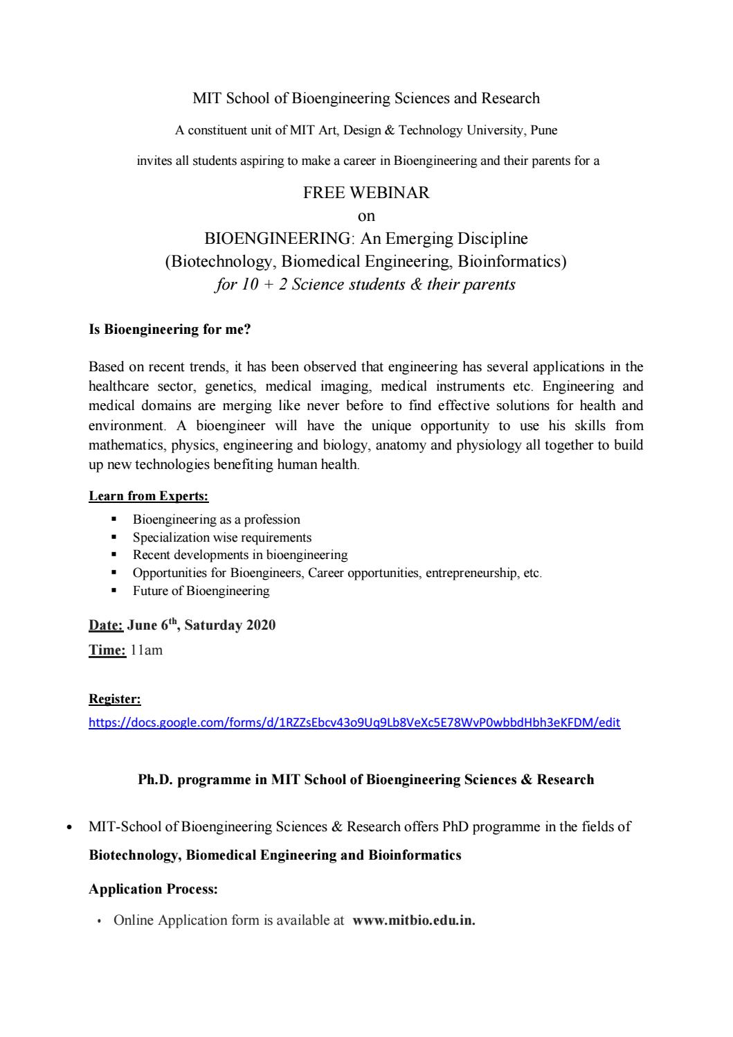 FREE WEBINAR on Bioengineering : MIT School of Bioengineering Sciences ...