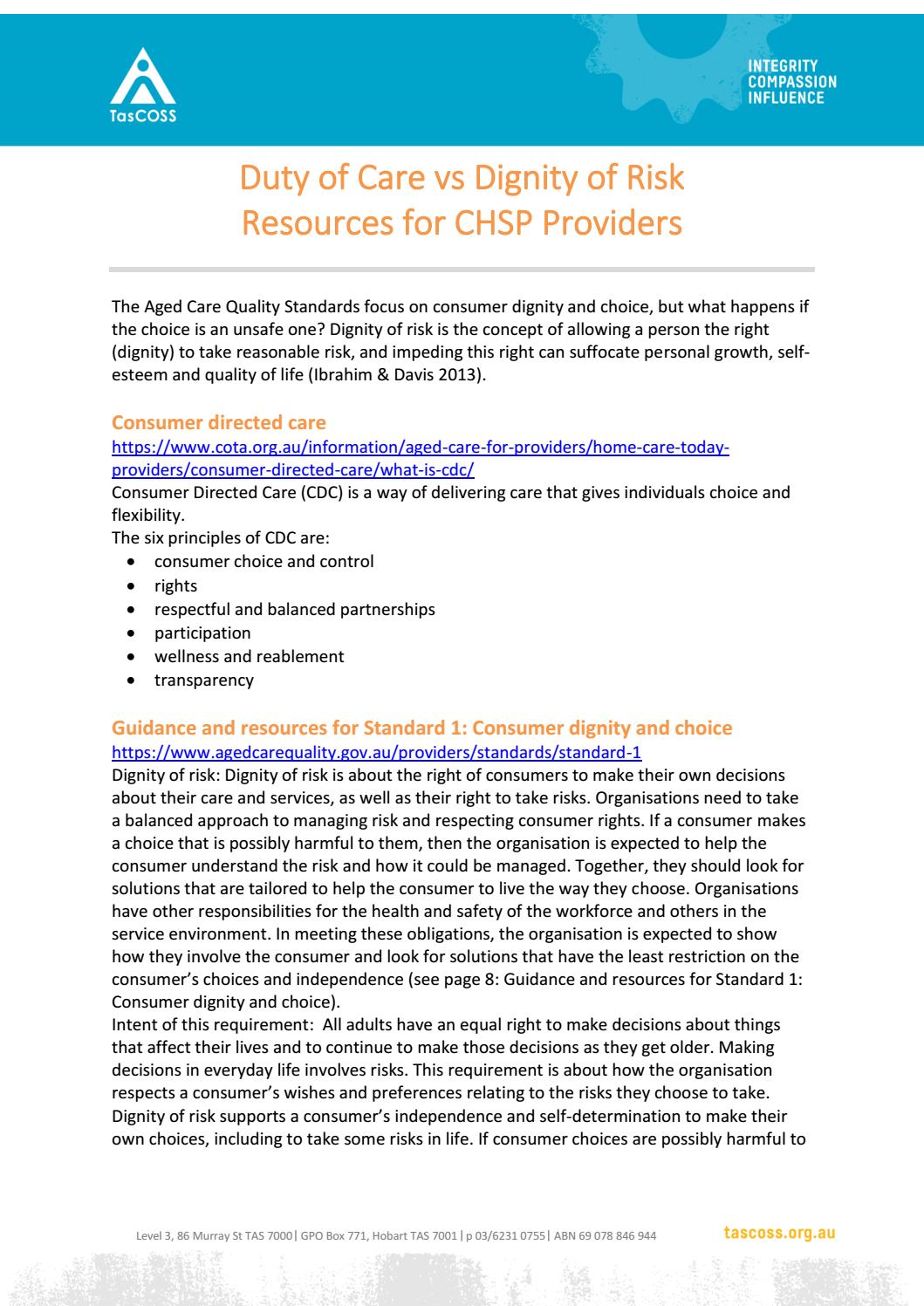 Duty of Care vs Dignity of Risk Resources for CHSP Providers by ...