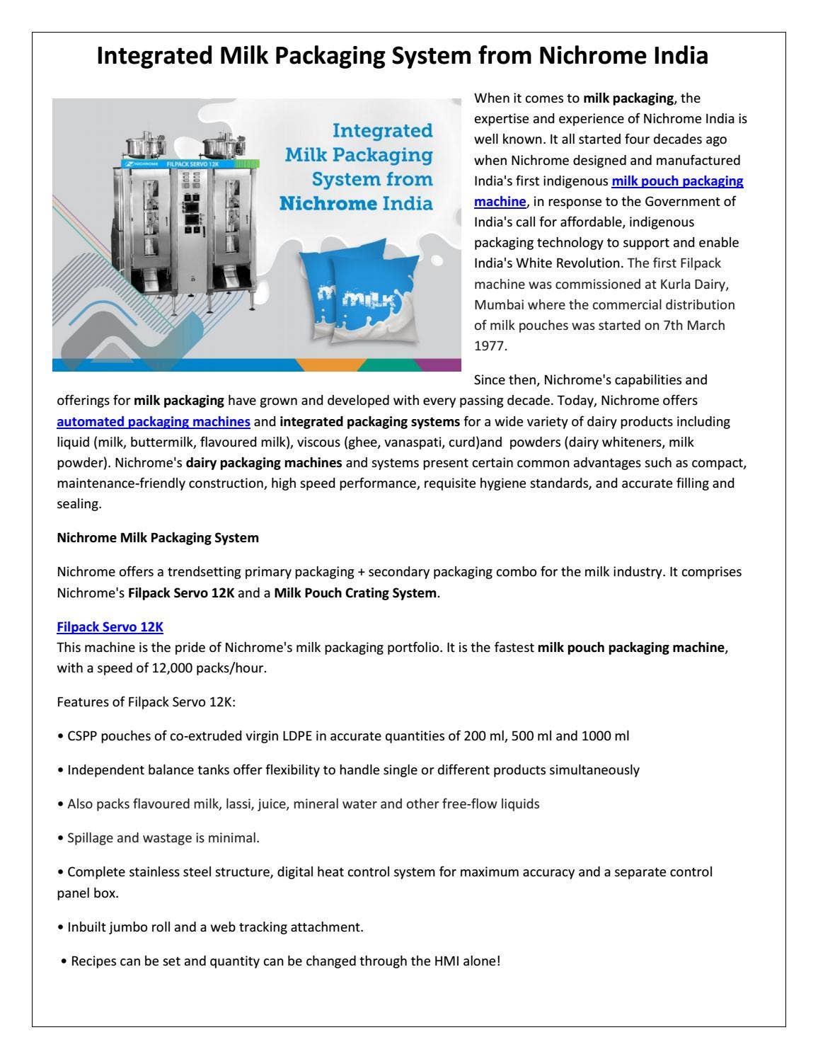 Integrated Milk Packaging System from Nichrome India by Nichrome India ...