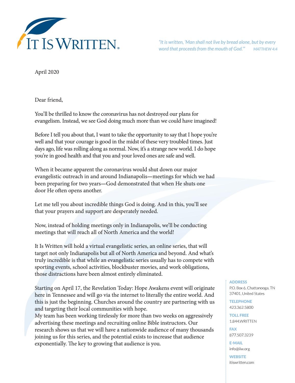 April 2020 Letter by It Is Written, Inc - Issuu