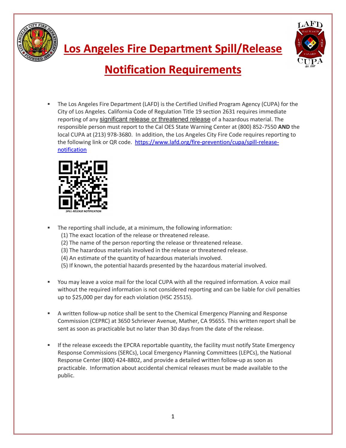 Los Angeles City Fire Department Spill/Release Notification by Los ...