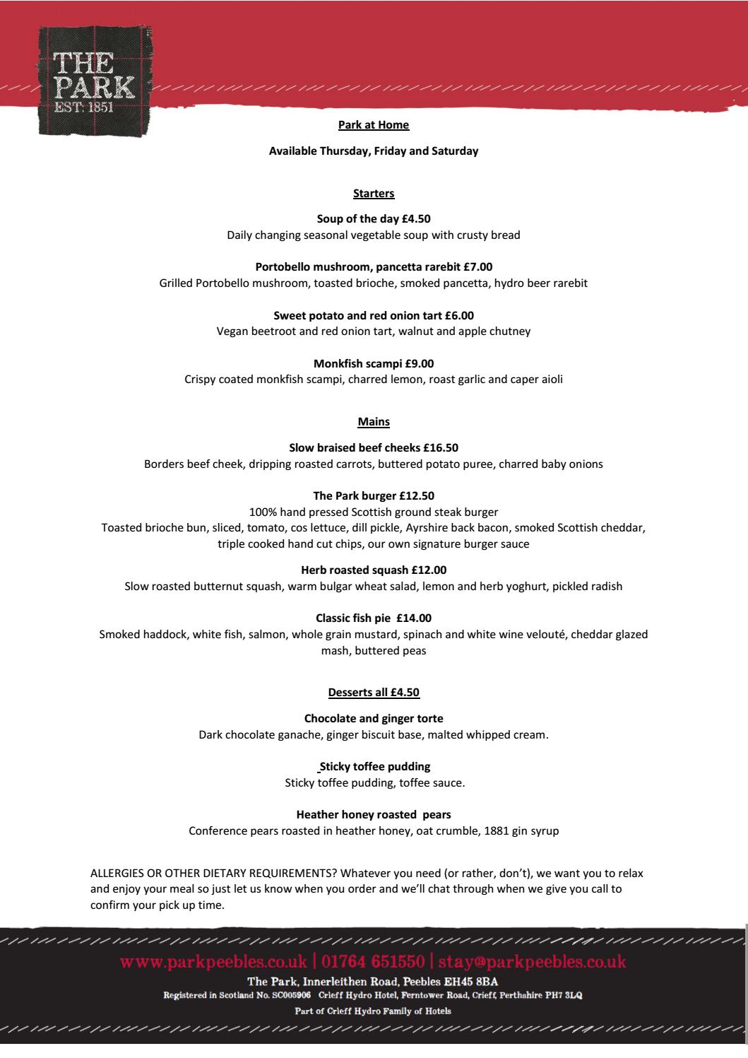Park at Home Menu - wc 6th July 2020 by Peebles Hydro - Issuu