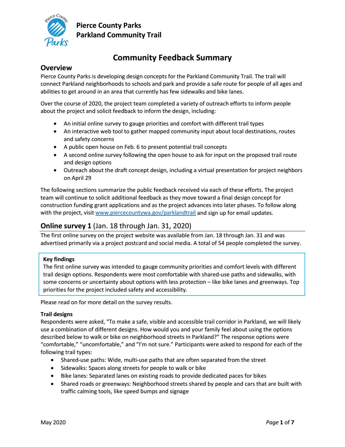 Parkland Community Trail Design Outreach Summary 2020 by Pierce County ...